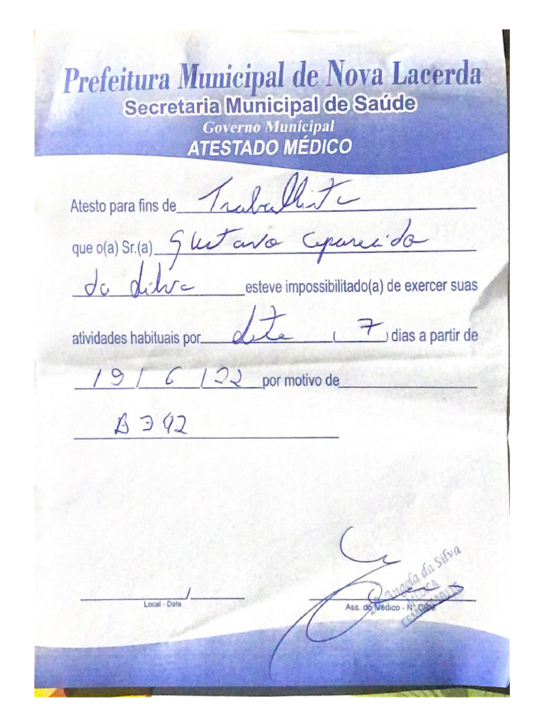 Atestado Medico - Colaborador Gustavo AP Da Silva Arantes. | PDF