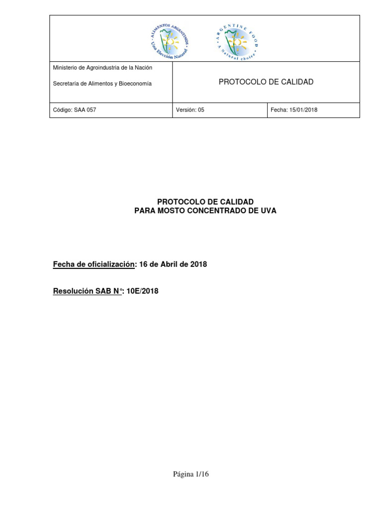 Protocolo Calidad Mosto de Uva | PDF | Análisis de Riesgo y Puntos Críticos de Control | Alimentos