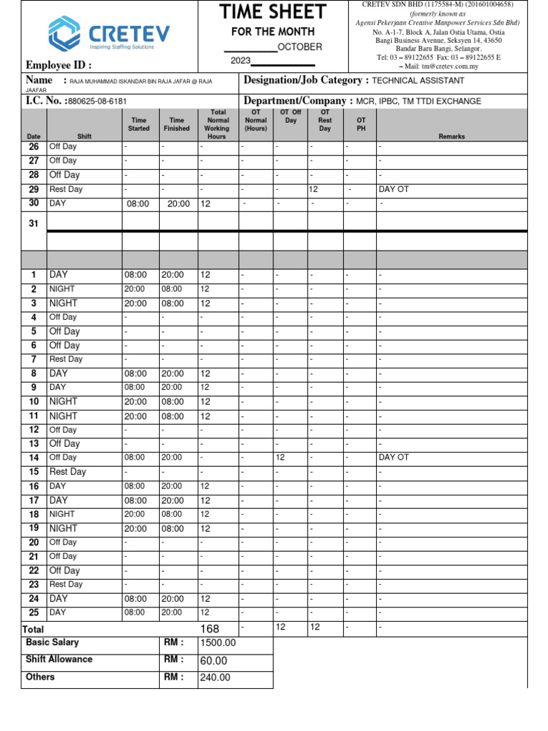 Rajamuhammadiskandar Cretev Revised Timesheet Oct 2023 (1) 2 | PDF