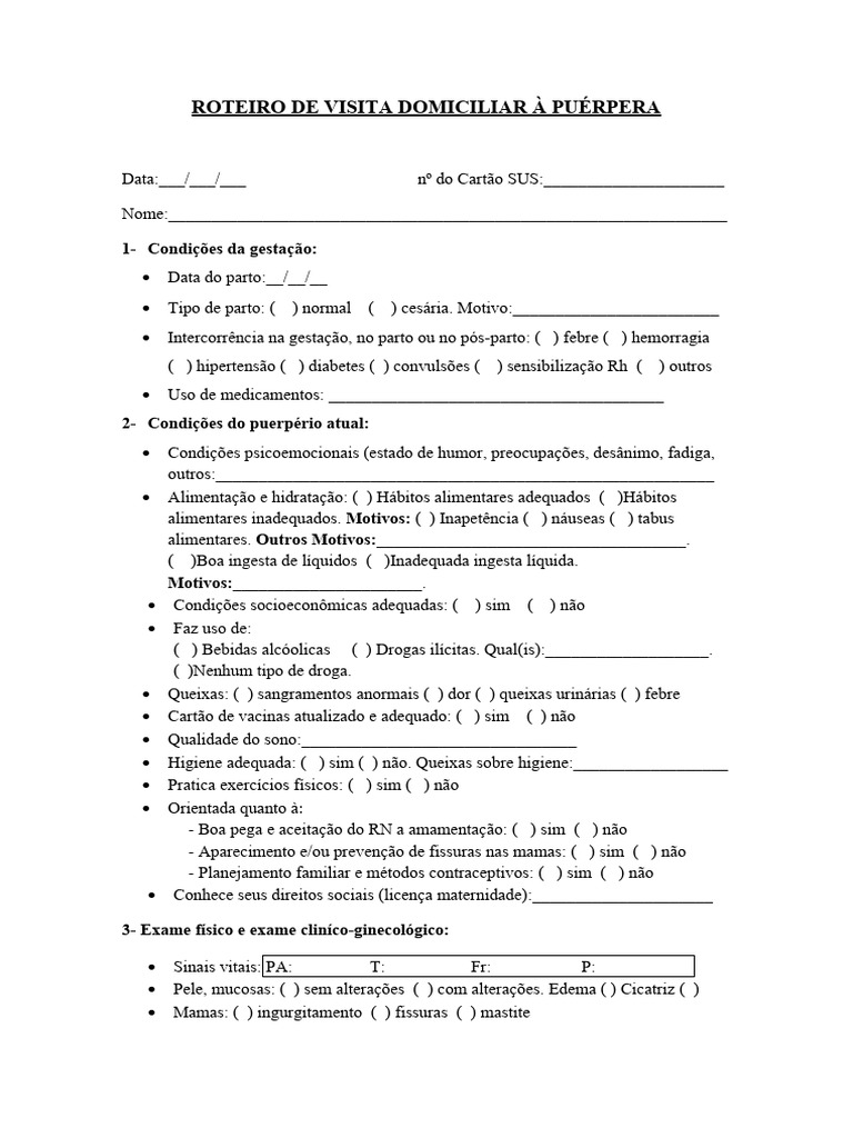 Chek List - Visita Puérpera | PDF | Gravidez | Ciências da Saúde