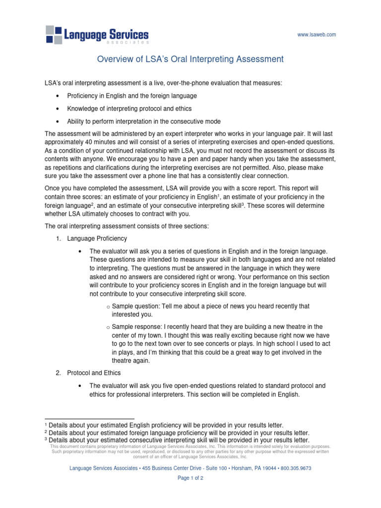 Description of LSA's Oral Interpreting Assessment | PDF | Language ...
