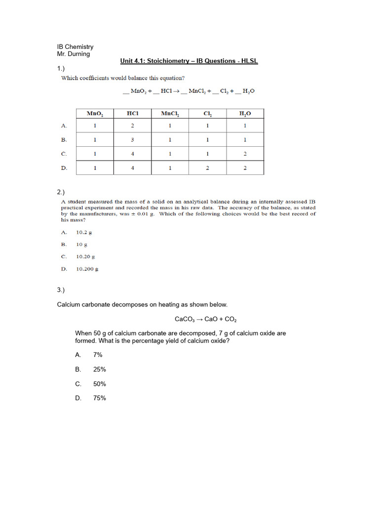 IB Chemistry: Unit 4 Stoichiometry Questions | PDF | Mole (Unit) | Oxide
