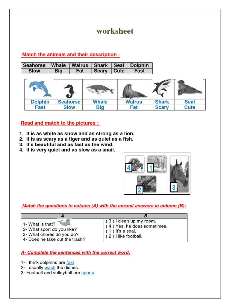 Worksheet: Match The Animals and Their Description | PDF | Pinniped ...