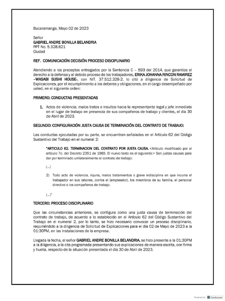Comunicacion Decision Proceso Disciplinario Gabriel Bonilla-1 | PDF