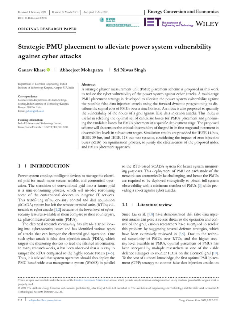 Strategic PMU Placement To Alleviate Power System Vulnerability Against Cyber Attacks | PDF ...