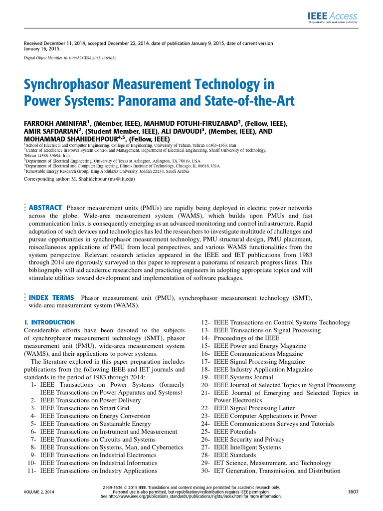 Synchrophasor Measurement Technology In Power Systems Panorama And