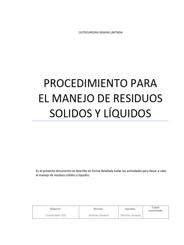 Prhseq 22 Procedimiento para El Manejo de Residuos Solidos y Liquidos | PDF | Residuos ...