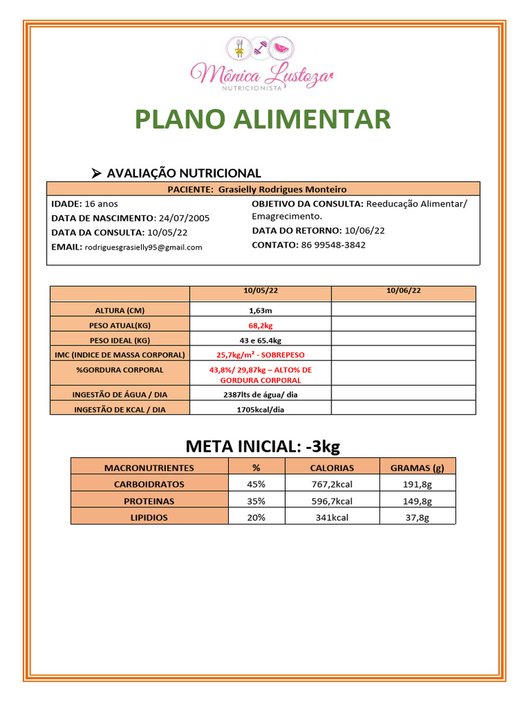 Plano Alimentar | PDF | Ingredientes de alimentos | Alimentos