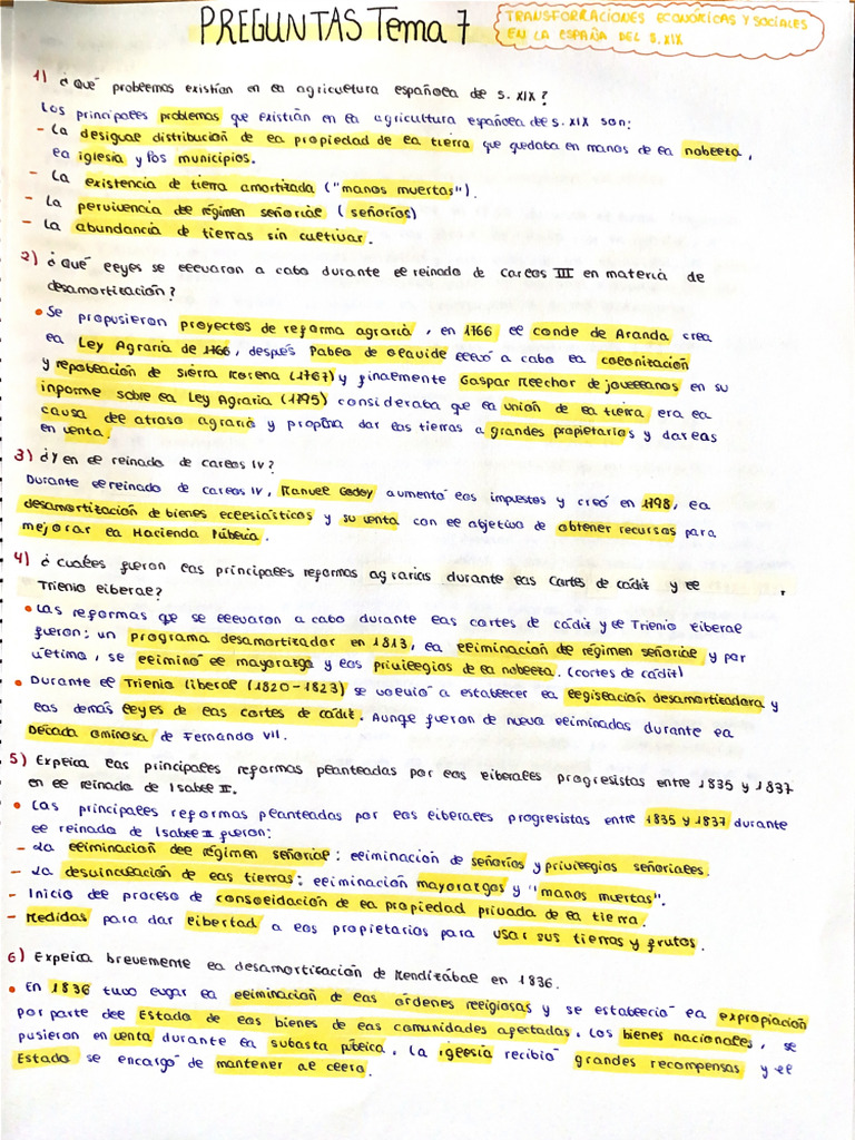 Preguntas Tema 7 Transformaciones Económicas y Sociales en La España Del Siglo XIX (25 Ene 2024 ...