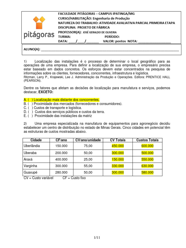 Atividade Avaliativa Individual - Unidade 1 e 2 - PROFAB - GABARITO | PDF