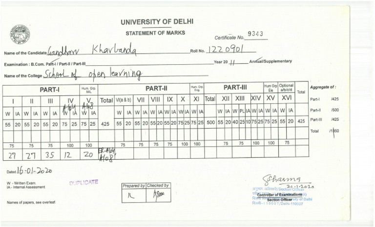 Du Marksheet 1st Year | PDF