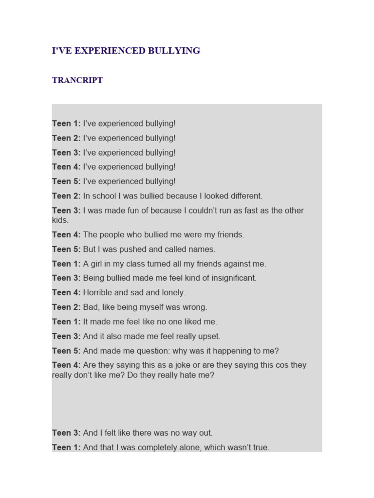 TRANSCRIPT - I'Ve Experienced Bullying - BBC | PDF
