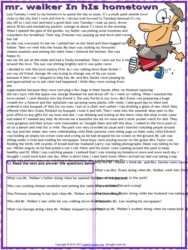 Past Continuous Tense MR Walker in His Hometown Esl Reading ...
