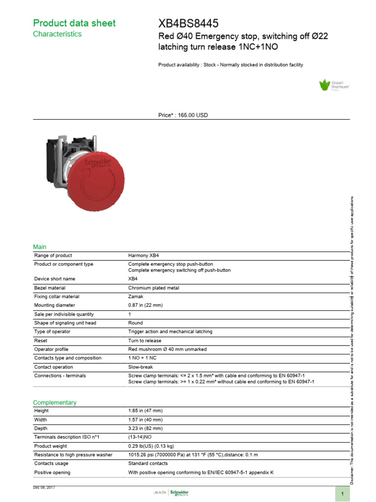 Schneider Electric XB4BS8445 Datasheet | PDF | Fuse (Electrical ...