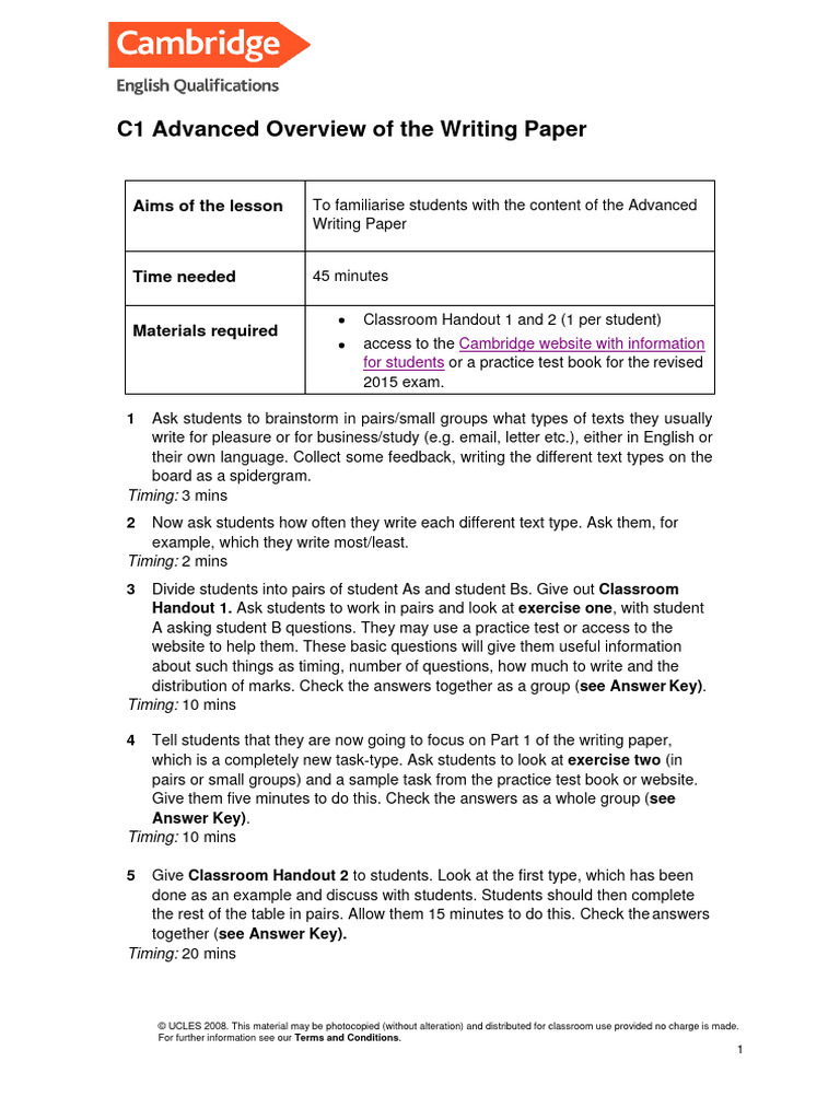 Cambridge English c1 Advanced Writing Overview | PDF | Essays | Cognition