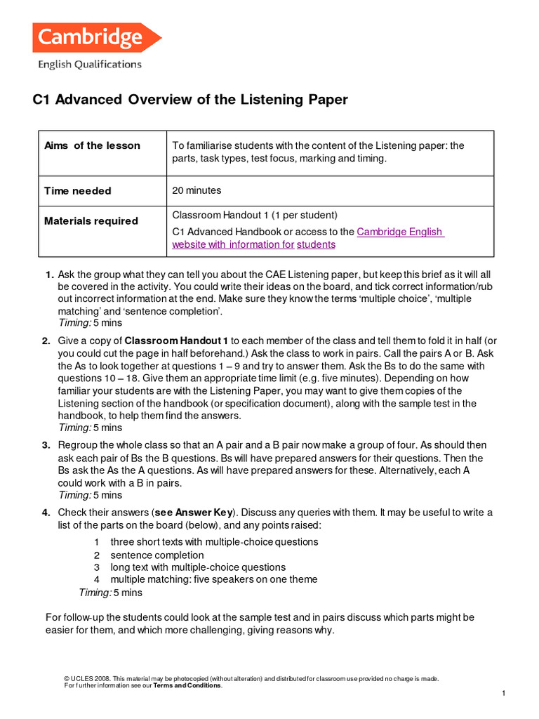 Cambridge English c1 Advanced Listening Overview | PDF | Multiple Choice | Human Communication