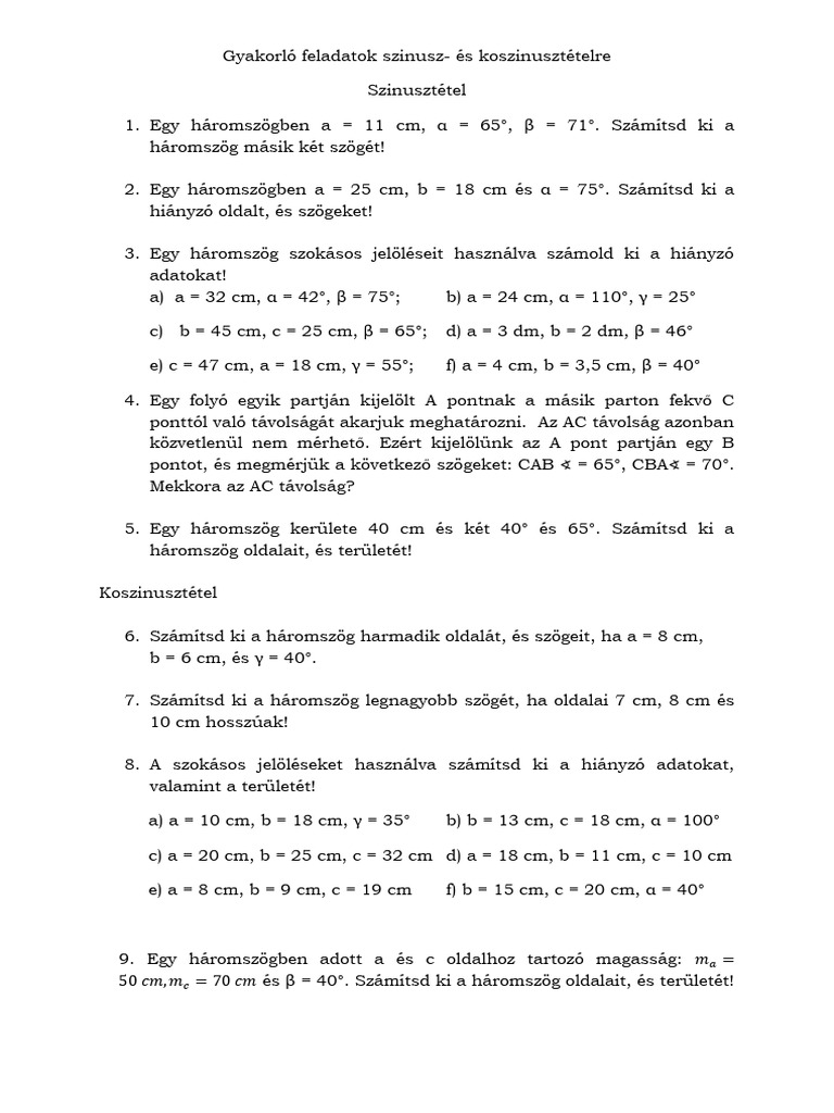 Gyakorló Feladatok Szinusz-Koszinusztételre - 2023 | PDF