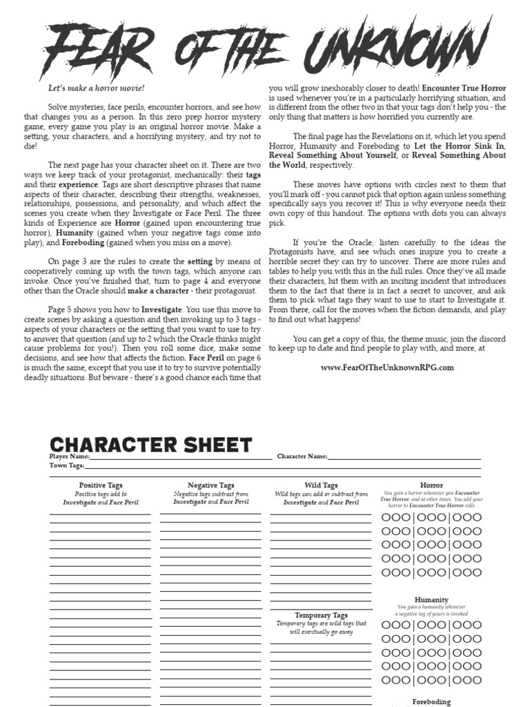 Fear of The Unknown Quickstart v6 3 Black and White Small | PDF ...