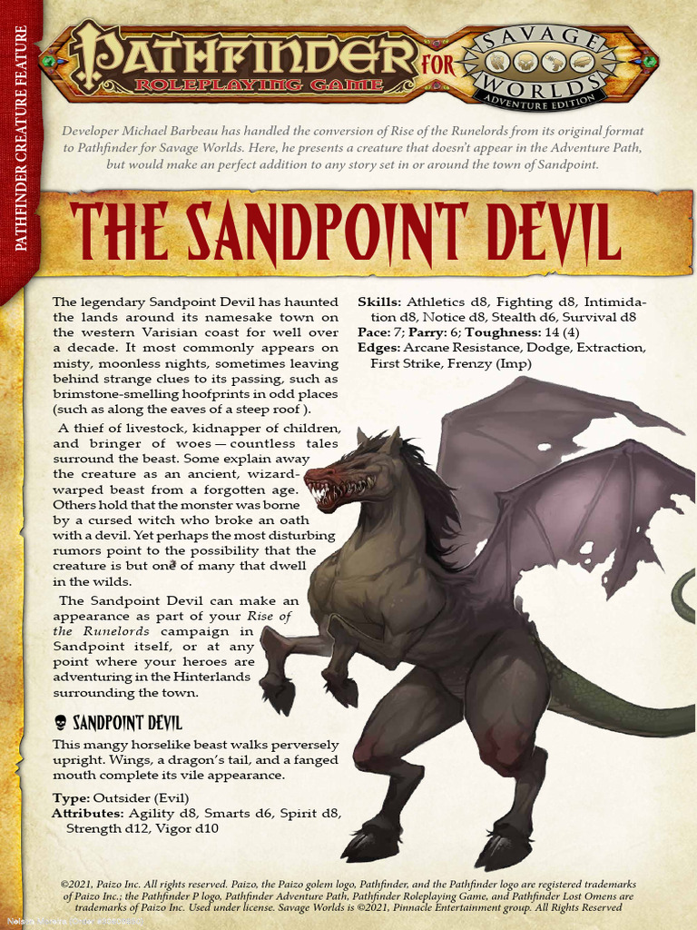 Pathfinder® For Savage Worlds Sandpoint Devil Creature Feature | PDF ...