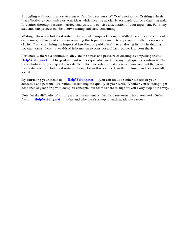 Thesis Statement Fast Food Restaurants | PDF | Fast Food | Nutrition Thesis Statement Fast Food Restaurants | PDF | Fast Food | Nutrition