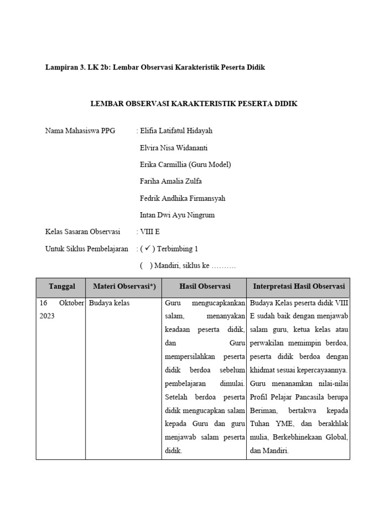 Lampiran 3. LK 2b Lembar Observasi Karakteristik Peserta Didik | PDF