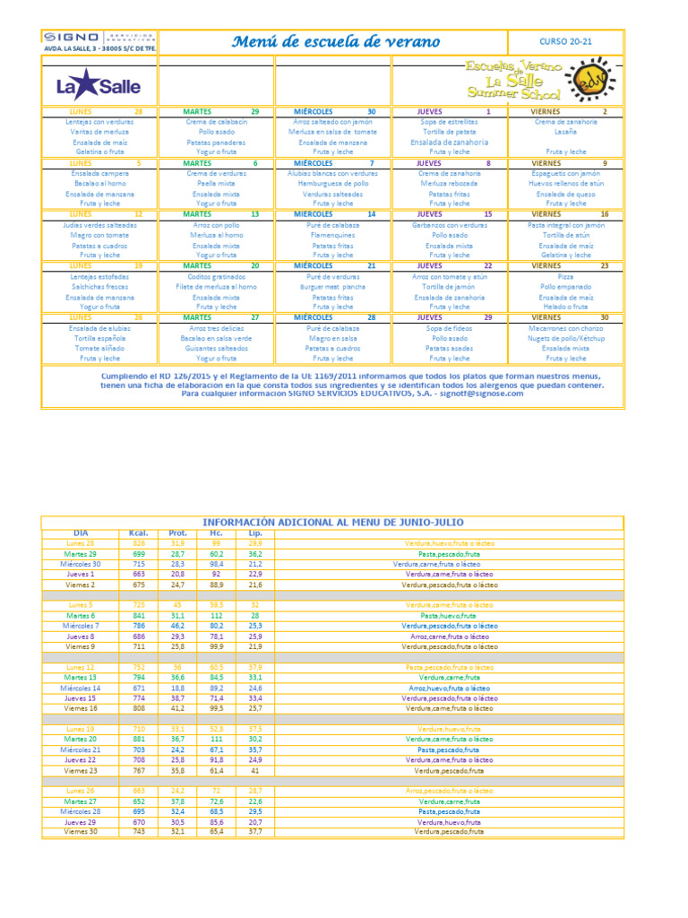Menú Escolar Verano 2020-2021 | PDF | ensalada | filete