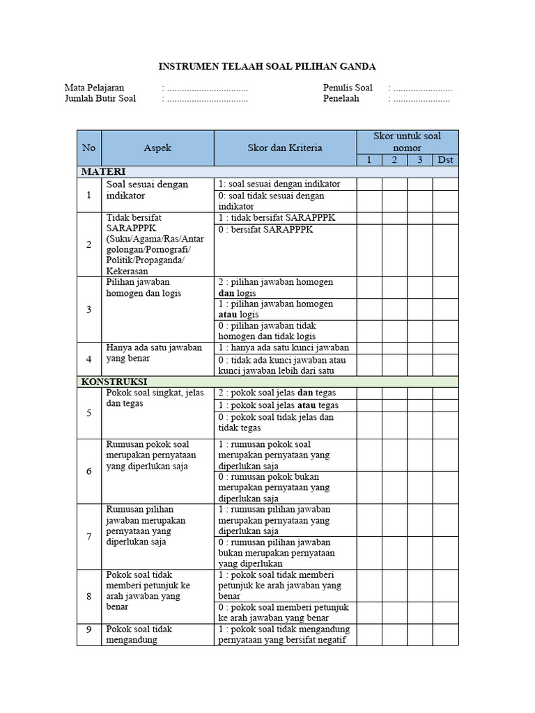 Instrumen Telaah Soal Pilihan Ganda | PDF | Pengembangan Diri