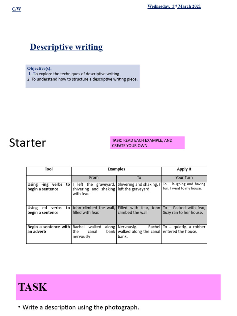 Descriptive Writing Techniques Guide | PDF | Verb | Linguistics