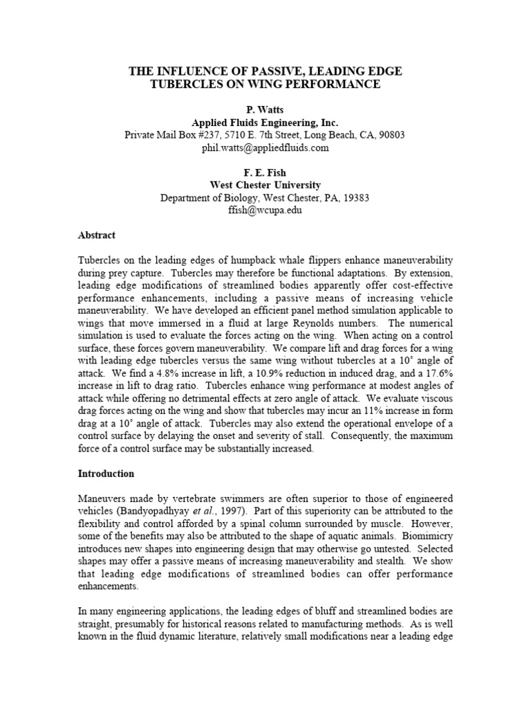 The Influence of Passive, Leading Edge Turbercles On Wing Performance | PDF
