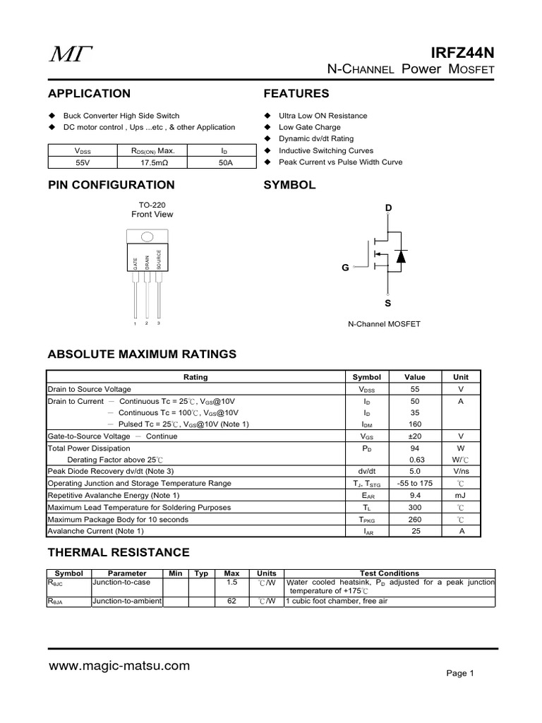Irfz44n Matsu Pdf Field Effect Transistor Mosfet