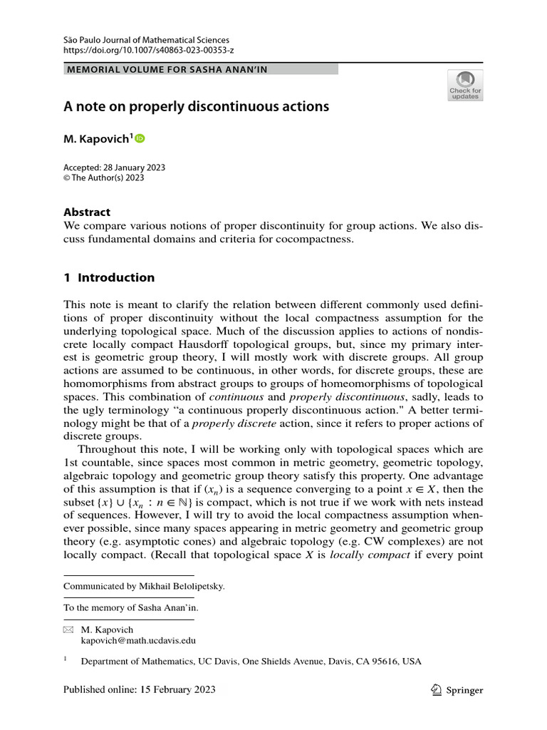 Kapovich - A Note On Properly Discontinuous Actions | PDF | Group (Mathematics) | Continuous ...