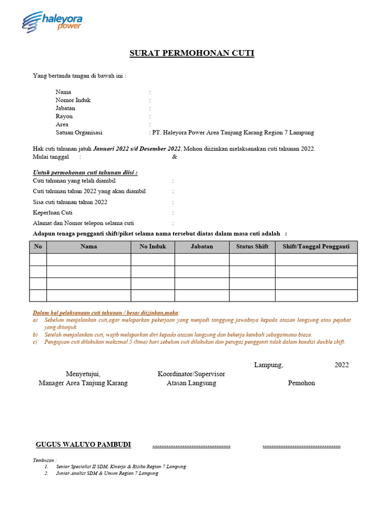 FORM PENGAJUAN CUTI Tahunan 2022 | PDF