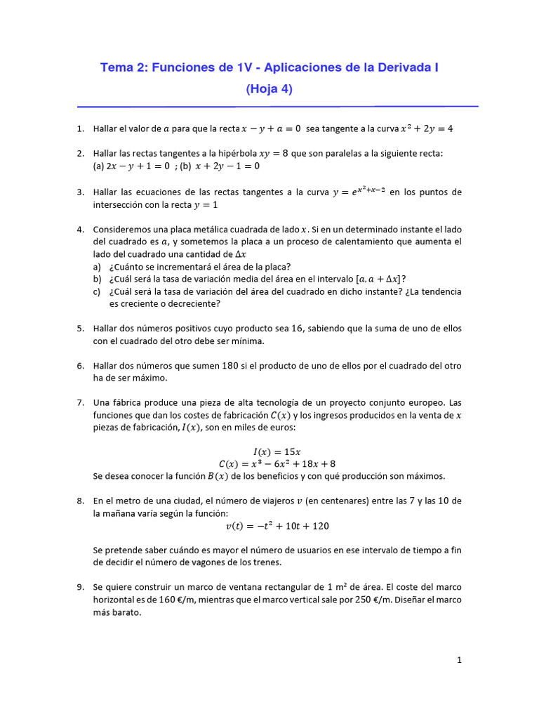 Ejercicios de Aplicacion-Derivada - I - (Hoja 4) | PDF
