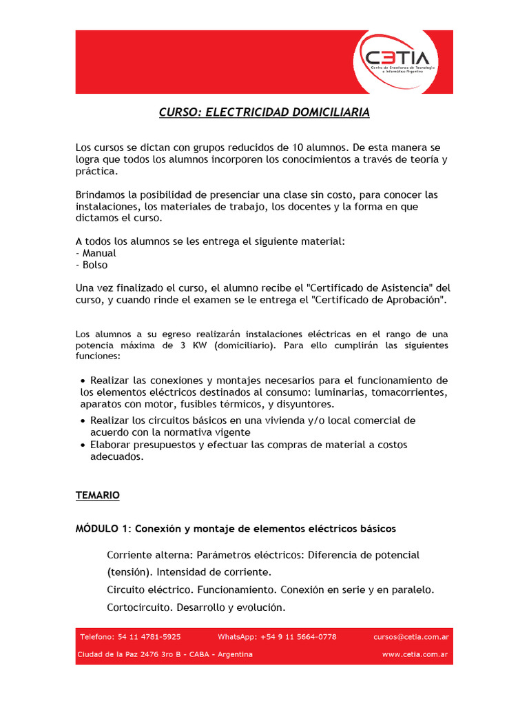 Temario Curso Electricidad Domiciliaria | PDF | Ingenieria Eléctrica | Corriente eléctrica