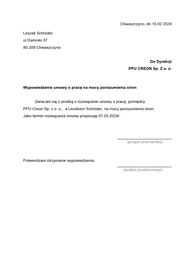 Wzór 1 Wypowiedzenie Umowy Za Porozumieniem Stron | PDF Wzór 1 Wypowiedzenie Umowy Za Porozumieniem Stron | PDF