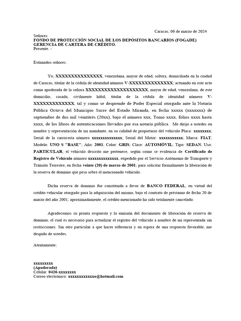 MOdelo Solicitud liberacion de reserva de dominio | PDF