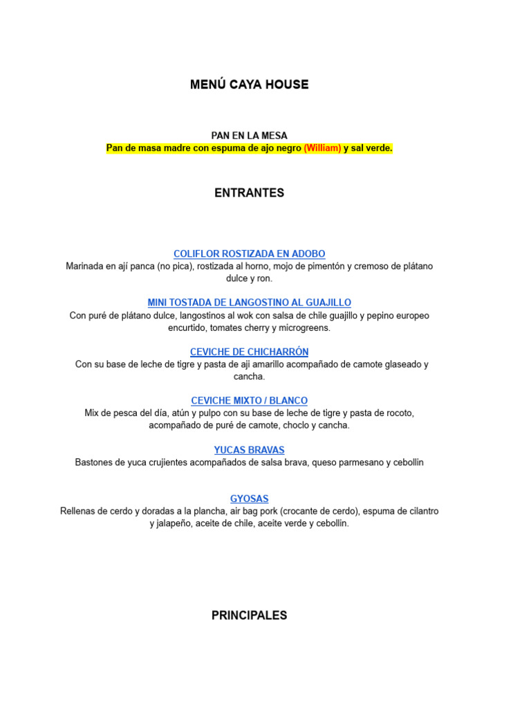 Menú Caya House | PDF | Cilantro | Decapado