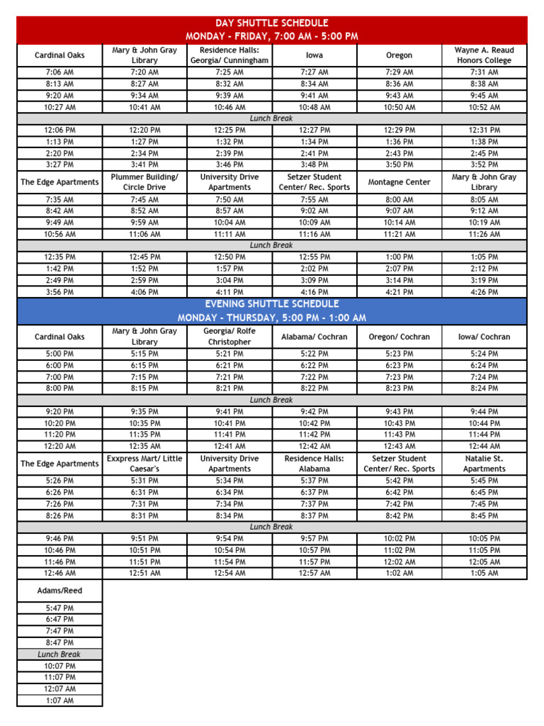 Shuttle Schedule 2023 | PDF