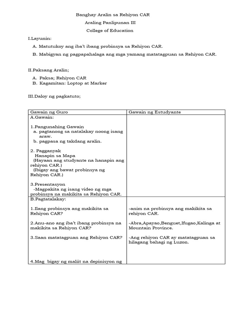 Banghay Aralin sa Rehiyon CAR | PDF