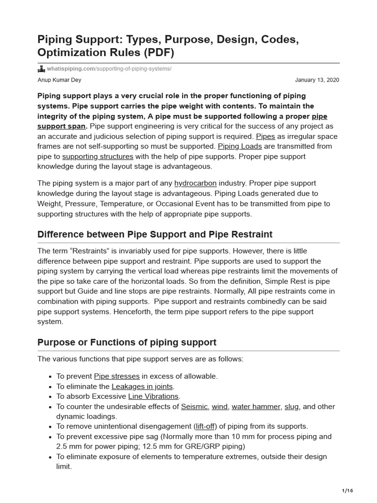 Piping Support Types Purpose Design Codes Optimization Rules PDF | PDF ...