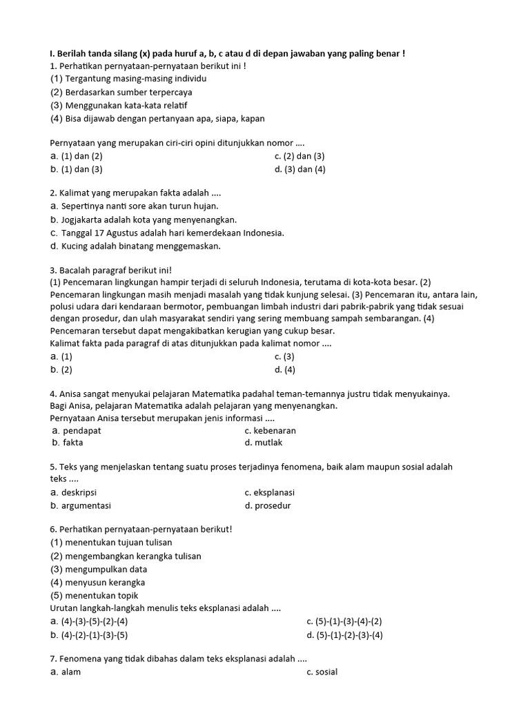 Soal PTS-STS Bahasa Indonesia Kelas 5 Semester 2 Kurikulum Merdeka T.A 2023-2024 | PDF