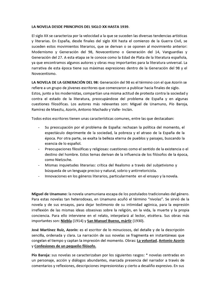 3 La Novela Desde Principios Del Siglo XX Hasta 1939 Tendencias Autores y Obras Representativos ...