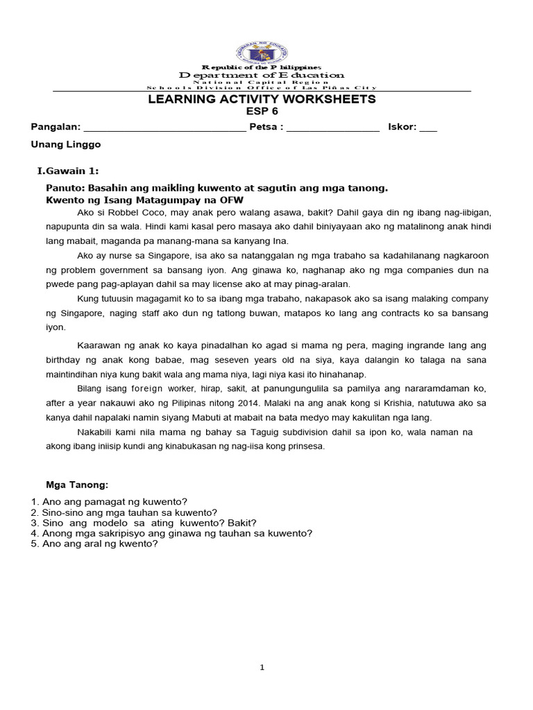 Learning Activity Worksheets | PDF