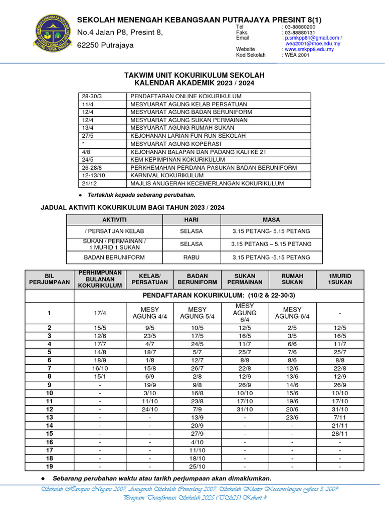Contoh Takwim Aktiviti Unit Kokurikulum 2023-2024 | PDF