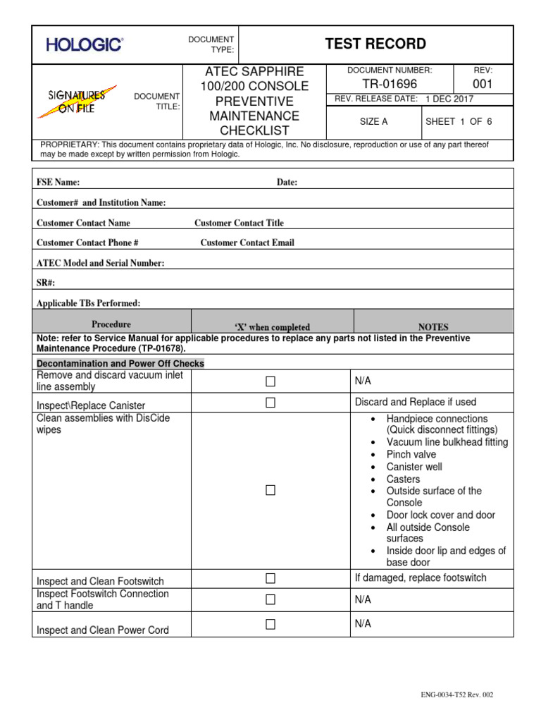 ATEC Sapphire 100 - 200 PM Procedure Checklist TR-01696 - 001 - 01 ...