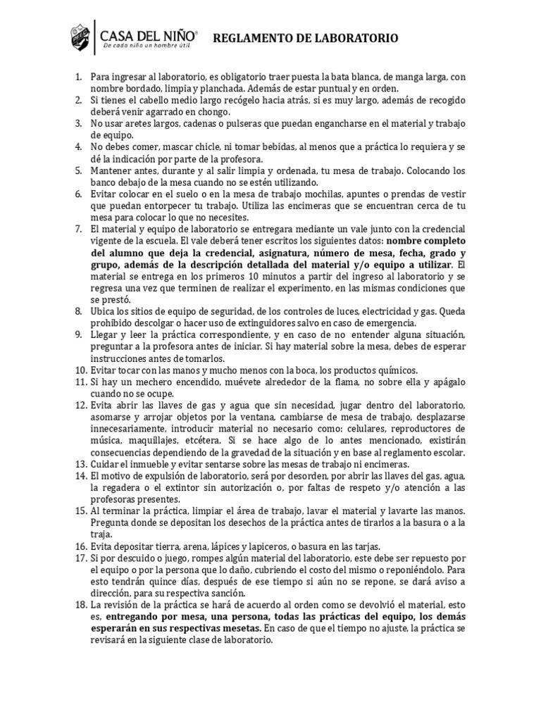 Reglamento de Laboratorio | PDF