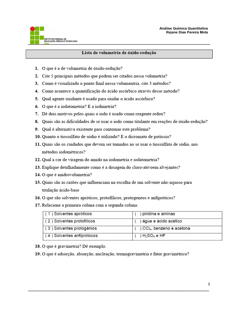 Lista de Volumetria de Óxido-Redução | PDF | Titulação | Química