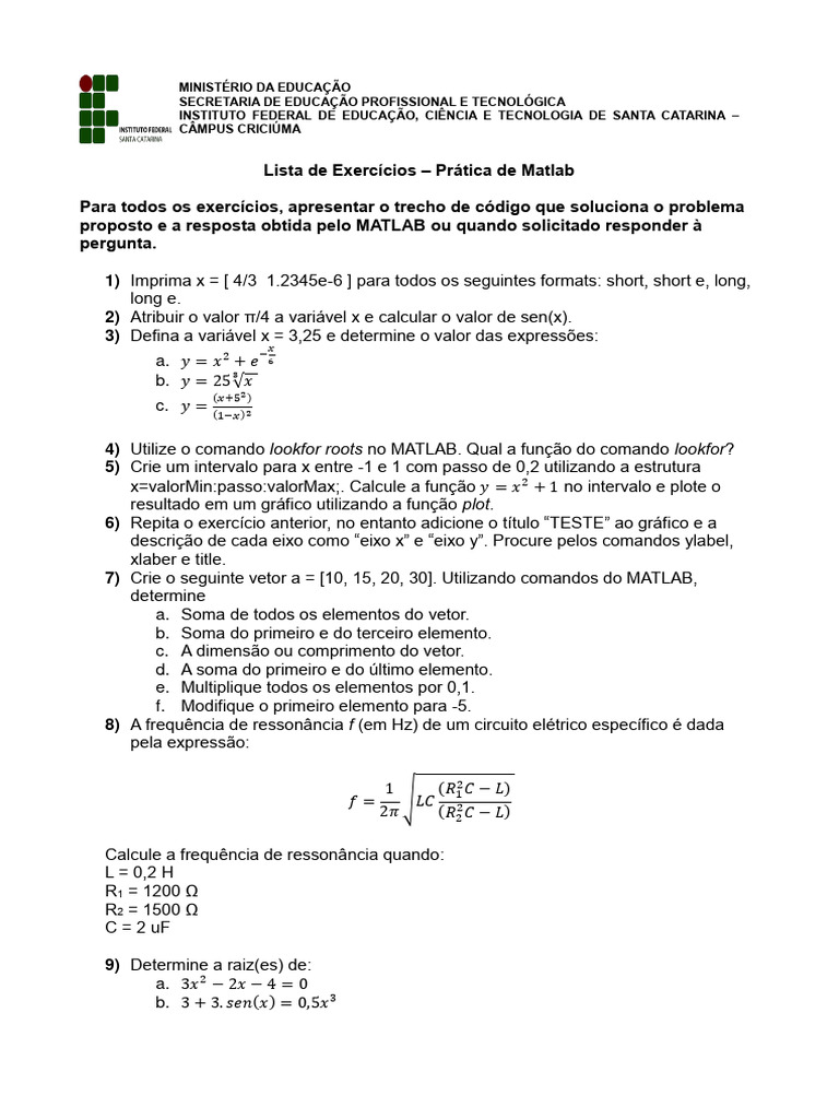 Lista de Exercícios 02 - MATLAB | PDF