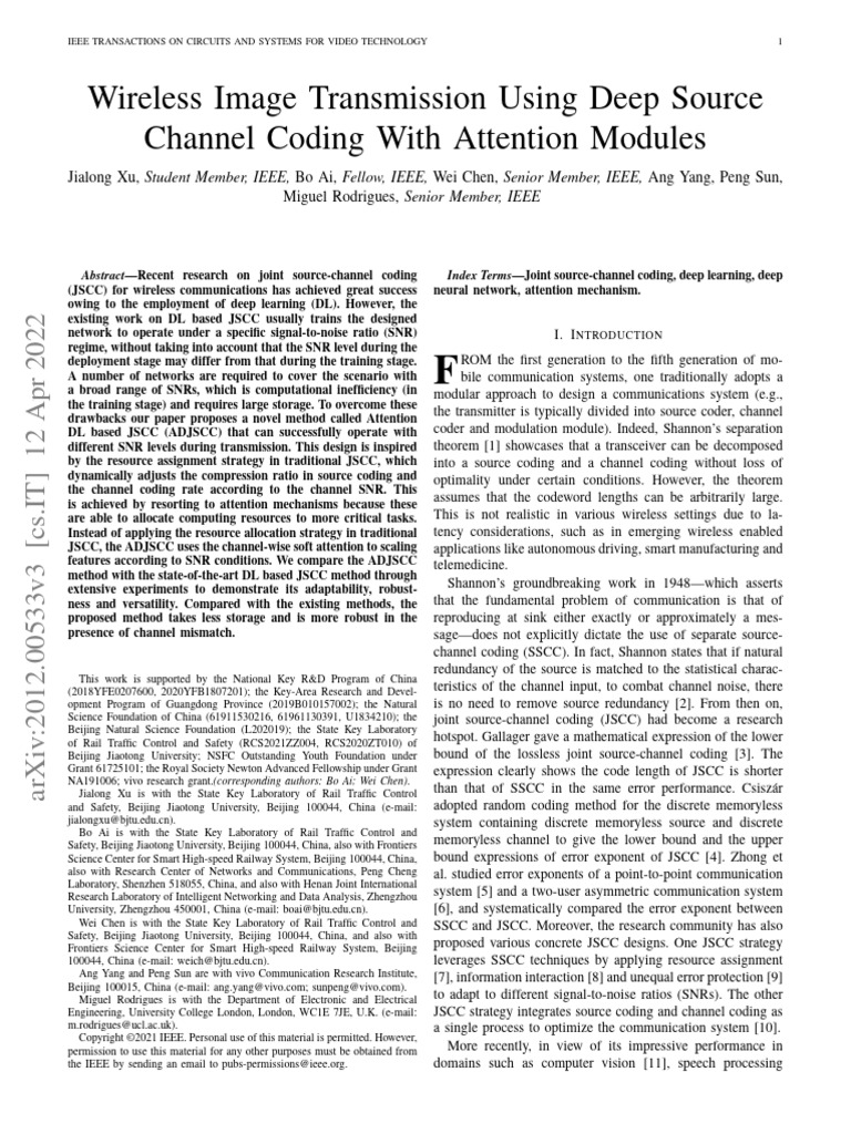 Wireless Image Transmission Using Deep Source Channel Coding With Attention Modules | PDF | Data ...