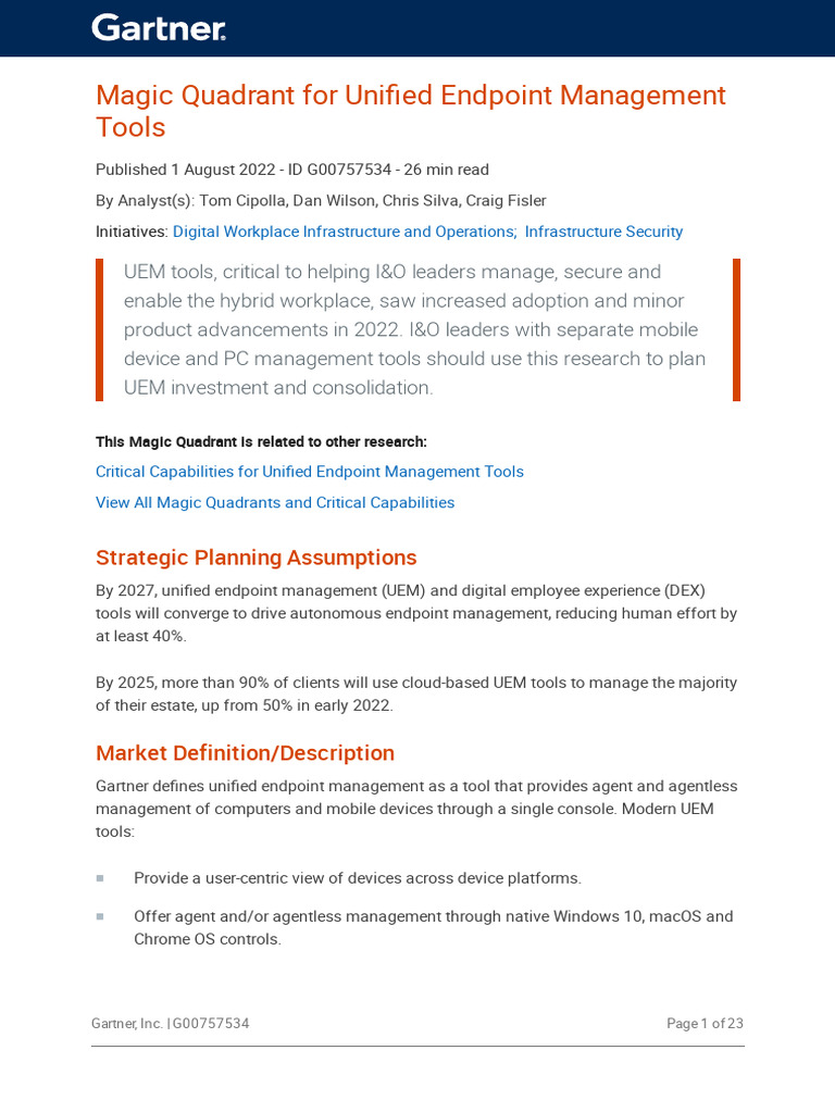 Magic Quadrant For Unified Endpoint Management Tools, 2022 | PDF ...